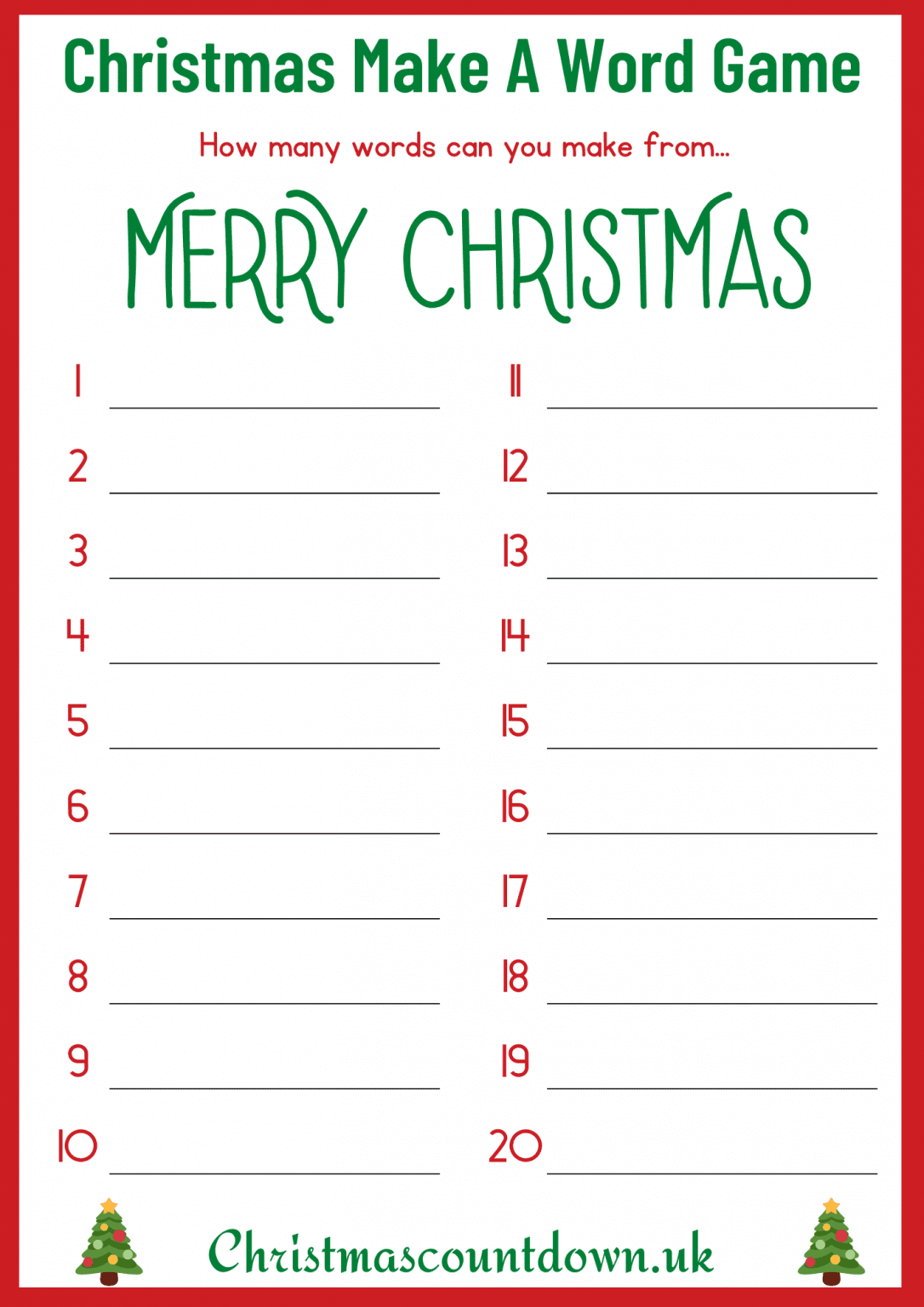Christmas Make A Word Free Printable Game Template