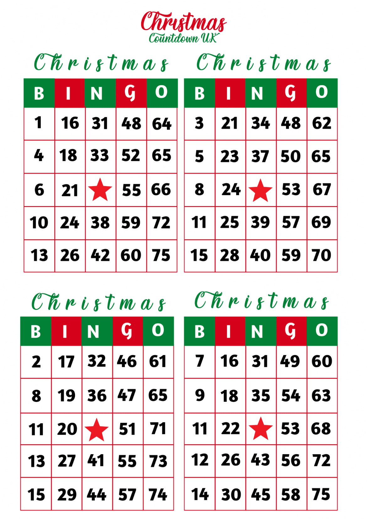 Christmas Bingo - Free Printable Number Bingo 2025