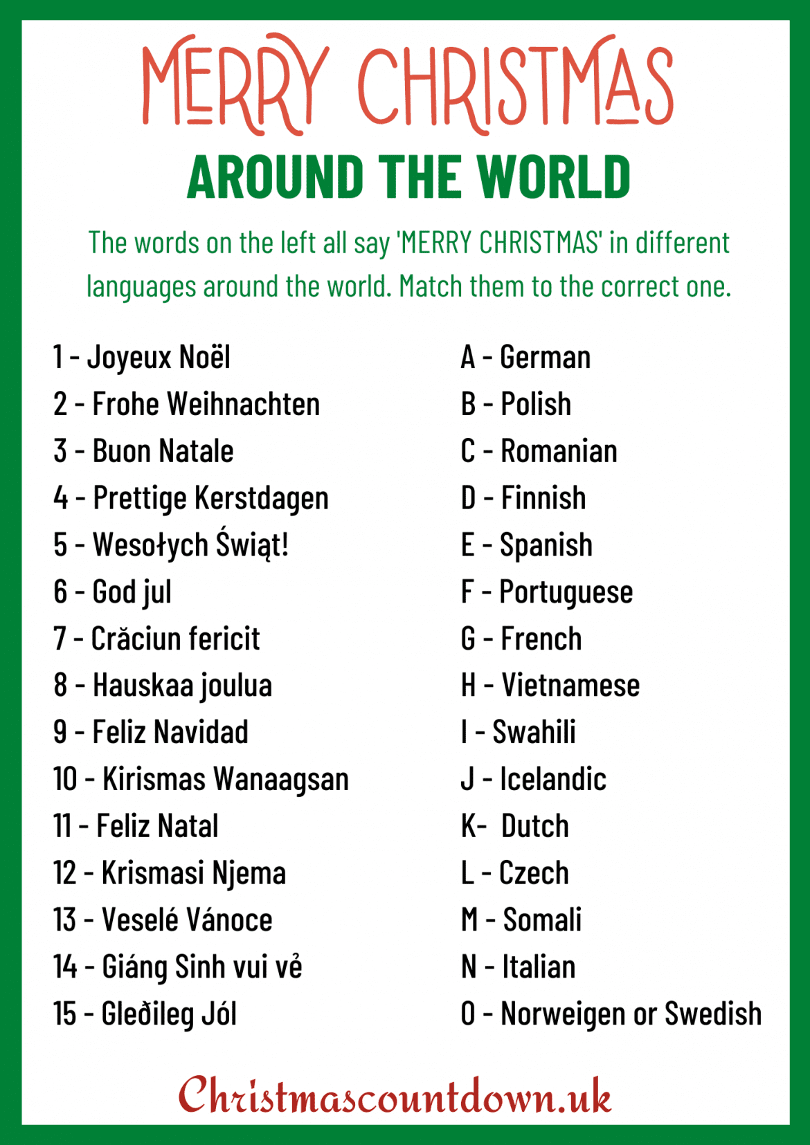 Words For 'Merry Christmas' Around The World Christmas Game