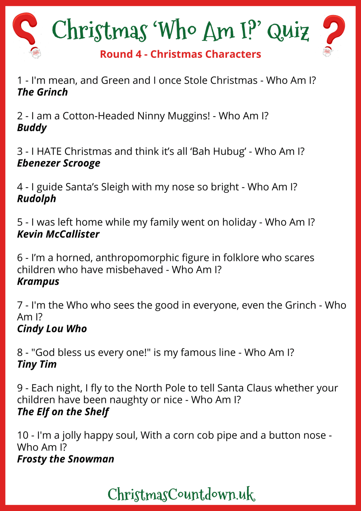 Christmas 'Who Am I' Quiz Questions & Answers 2025
