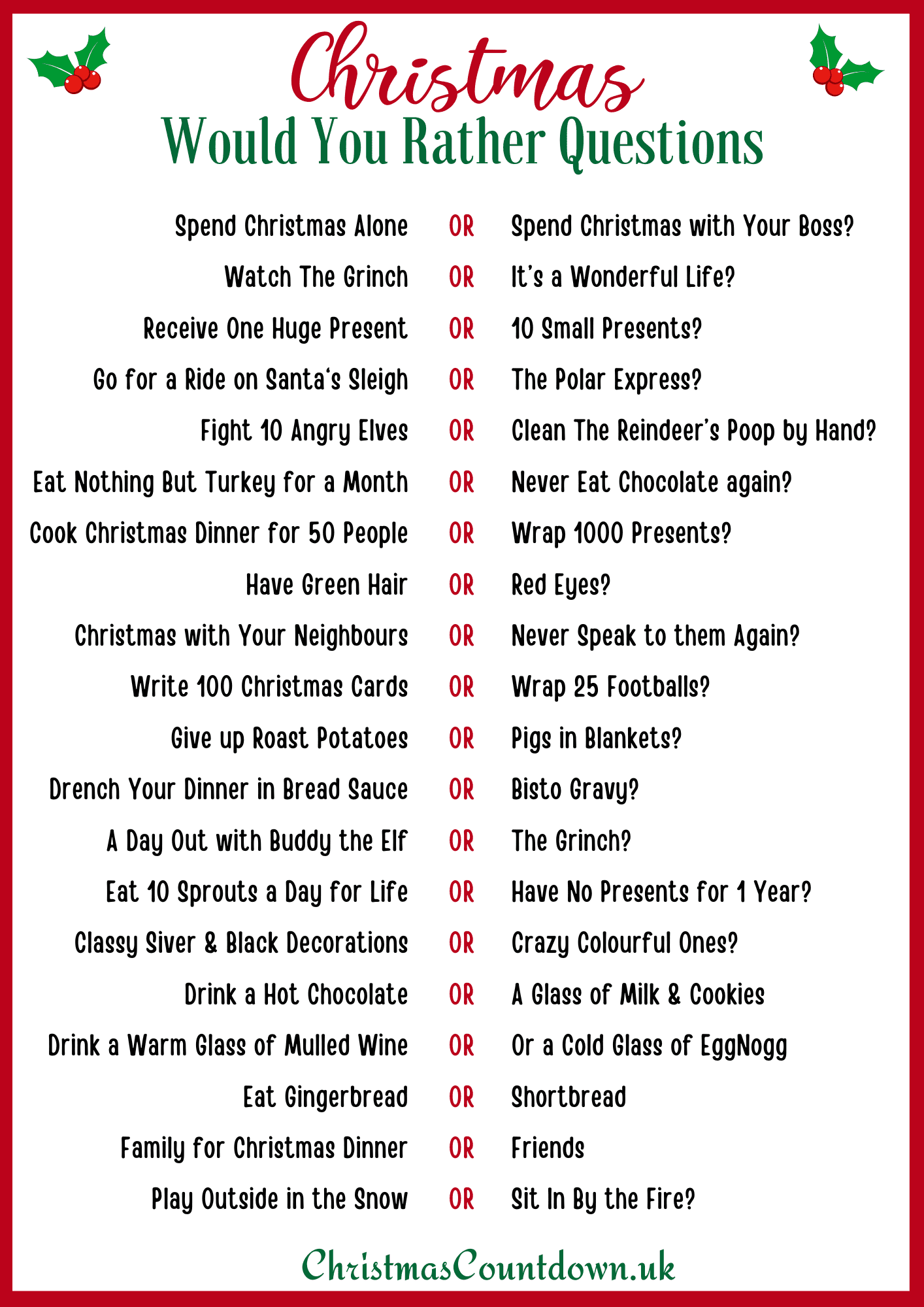 100 Christmas Would You Rather Questions 2025
