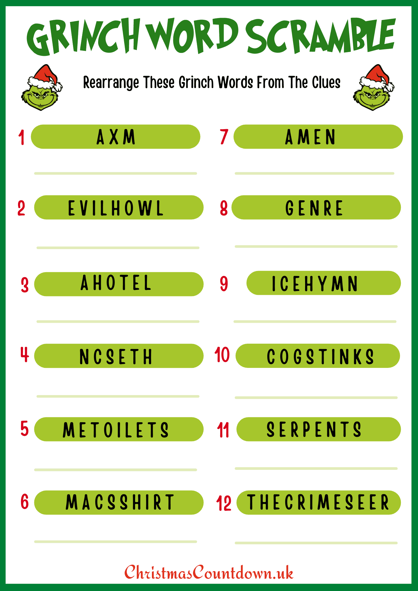 Grinch Word Scramble - Free Printable Game