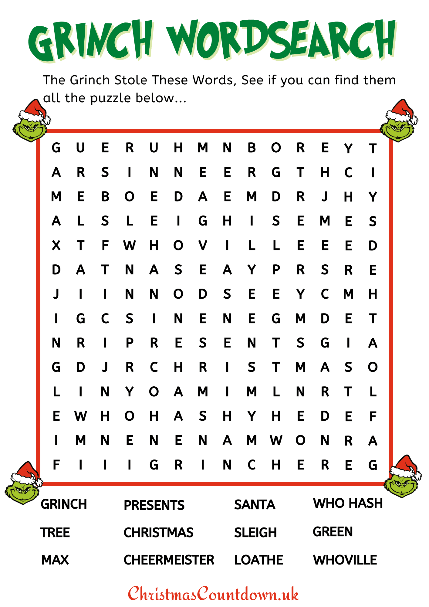 The Grinch Wordsearch Free Printable 2026