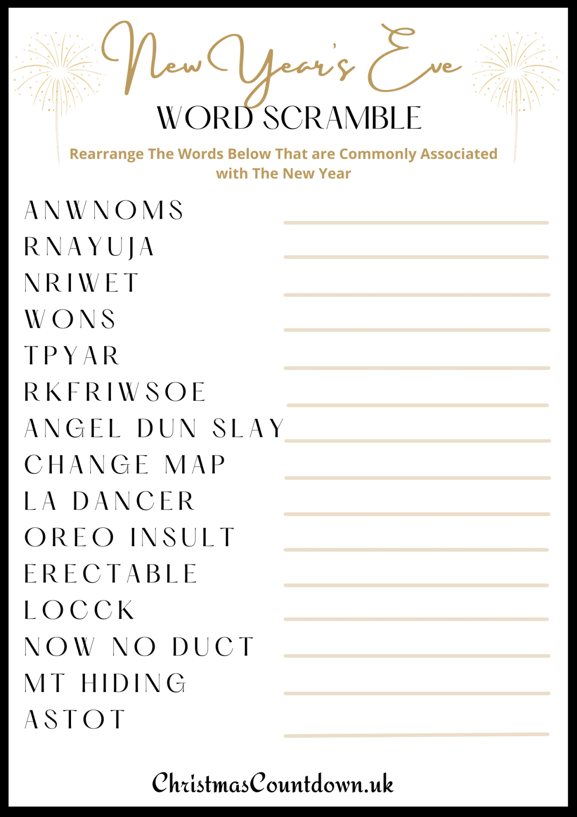 New Year's Eve Word Scramble - Free Printable Game