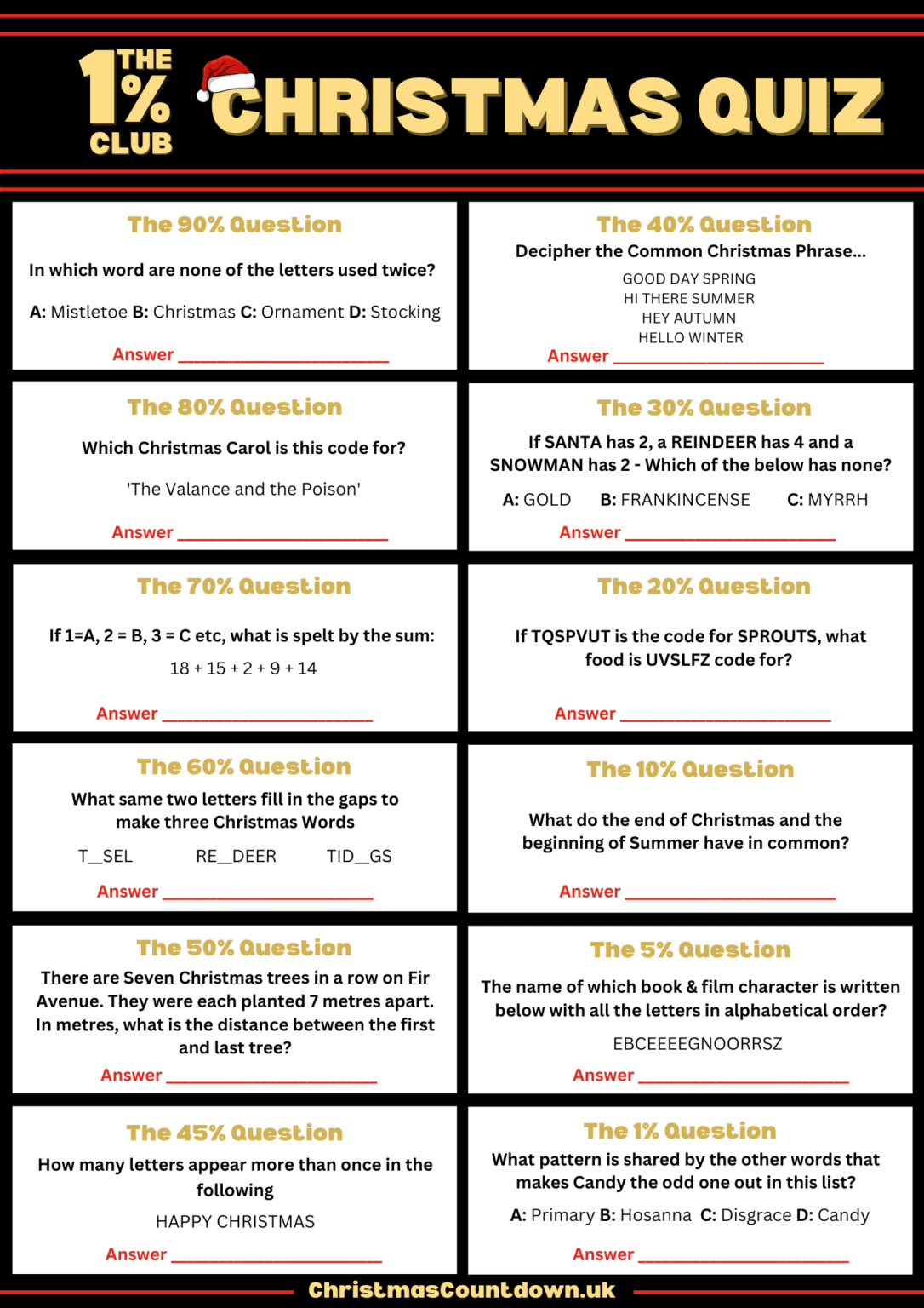 1% Club Christmas Quiz Questions & Answers